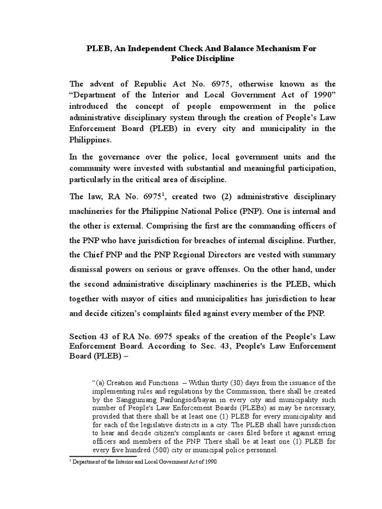 PLEB An Independent Check and Balance Mechanism | PDF | Local Government | Police