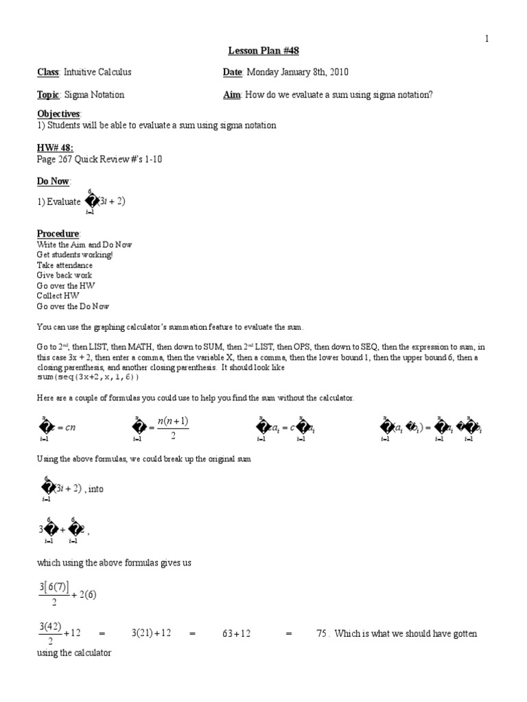 Evaluating Sums Using Sigma Notation and Approximating Areas Under ...