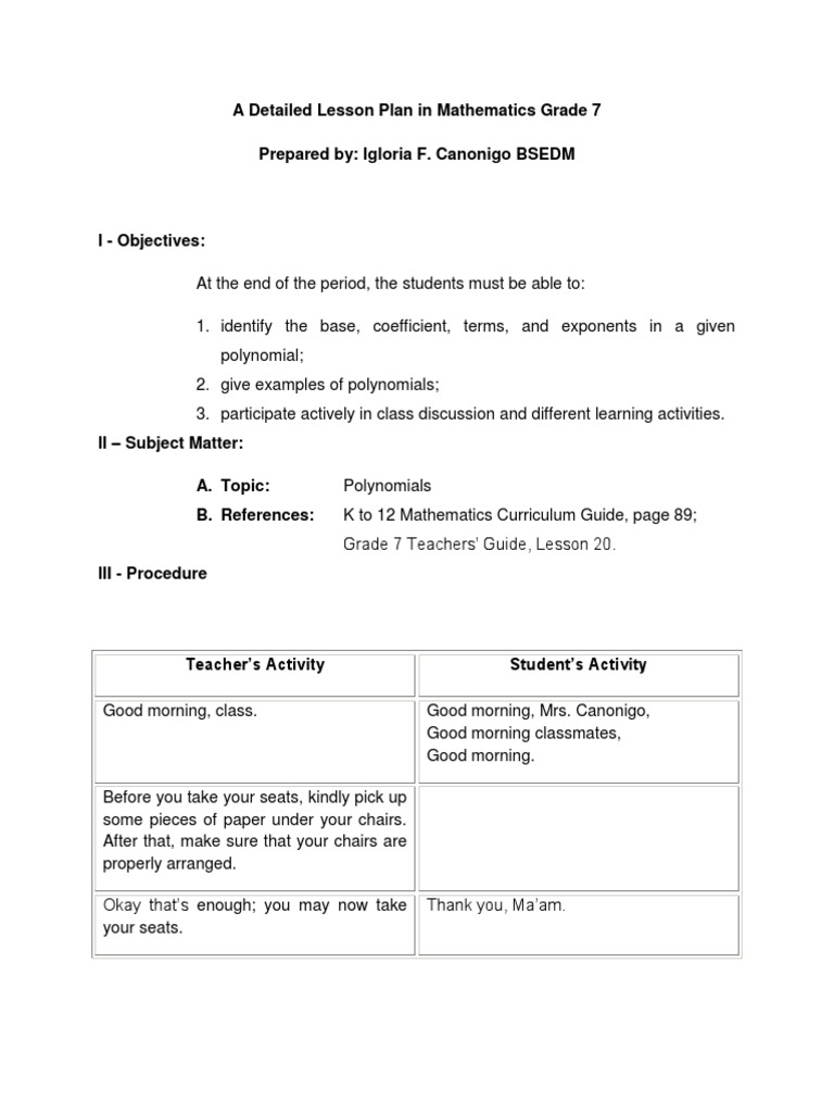 Grade 7 Mathematics Lesson Plan: Polynomials | PDF | Polynomial | Variable (Mathematics)