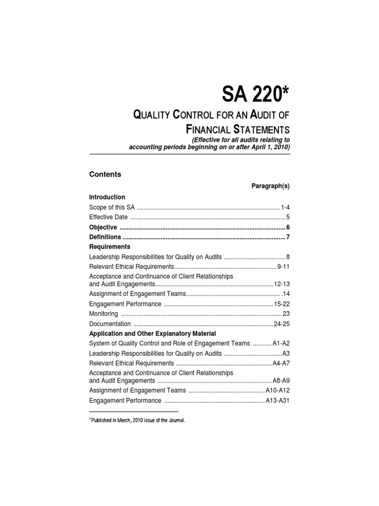 Sa 220 | PDF | Auditor's Report | Audit