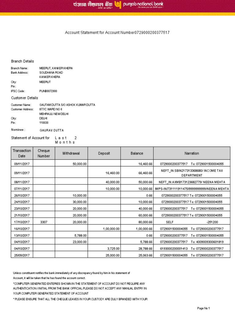 Account Statement For Account Number0729000200377517: Branch Details ...