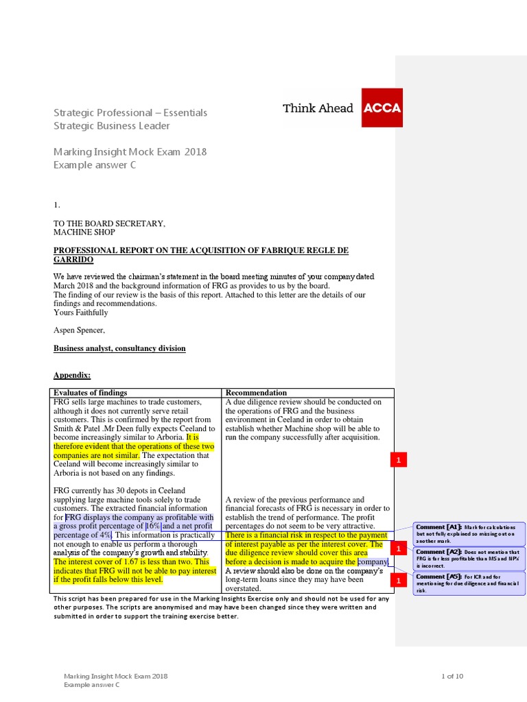ACCA Marking Insight Mock Exam 2018 - Annotated Example Answer C | PDF ...