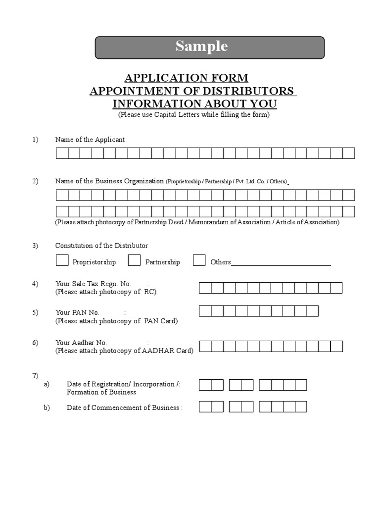 Sample: Application Form Appointment of Distributors Information About ...