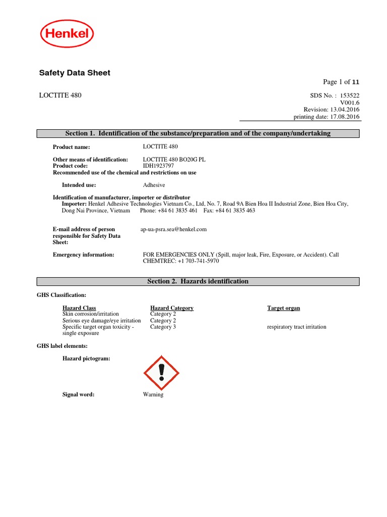 Safety Data Sheet: Page 1 of 11 Loctite 480 | PDF | Dangerous Goods | Toxicity