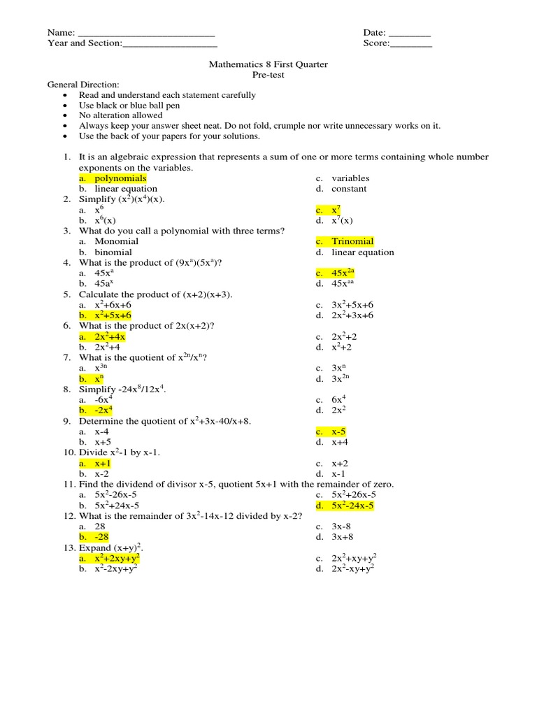 Pre Test NG Grade 8 | PDF | Fraction (Mathematics) | Algebra