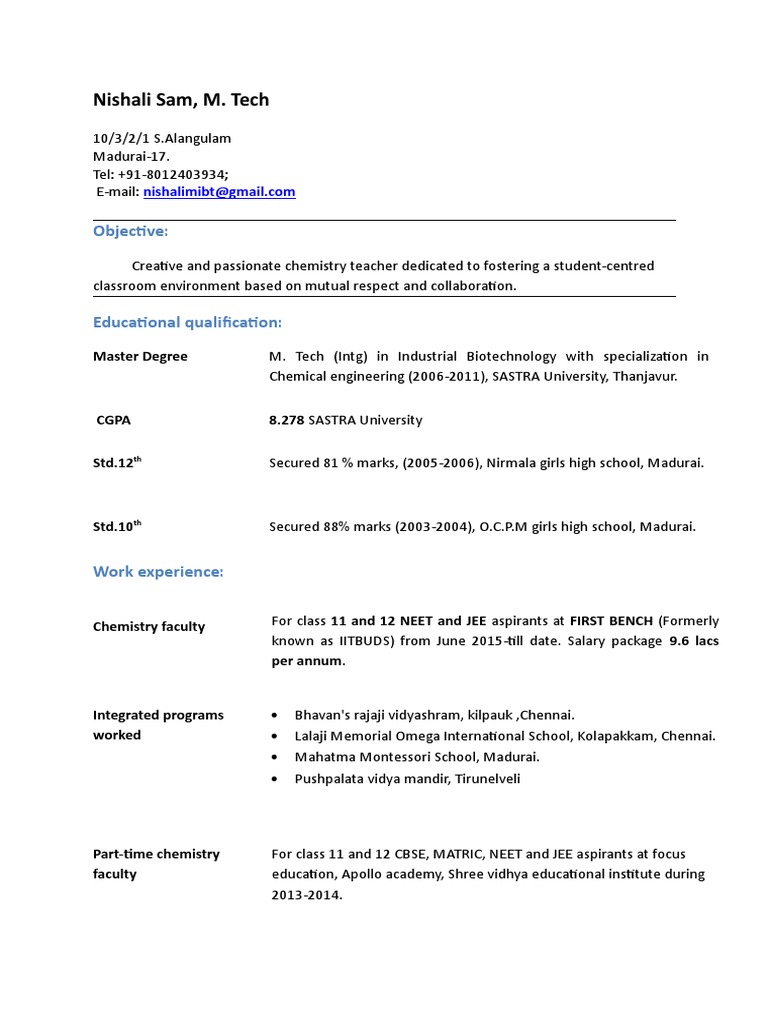 Nishali Sam, M. Tech: Objective | PDF | Chemistry | Biology