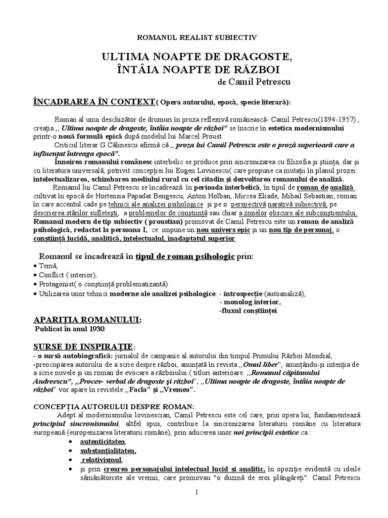 Camil Petrescu Ultima Noapte de Dragoste Intaia Noapte de Razboi PDF | PDF