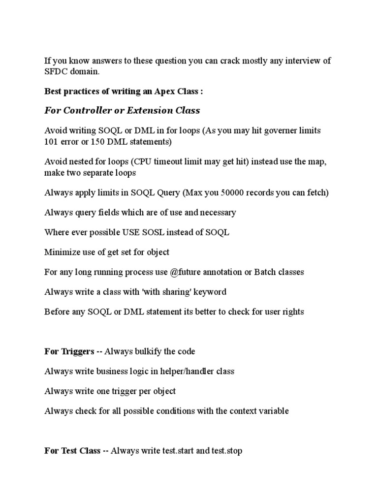 Best practices for Apex Classes and Triggers | PDF | Control Flow | Salesforce.Com