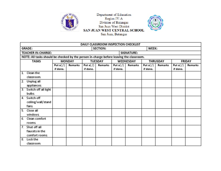 Daily Classroom Inspection Checklist | PDF