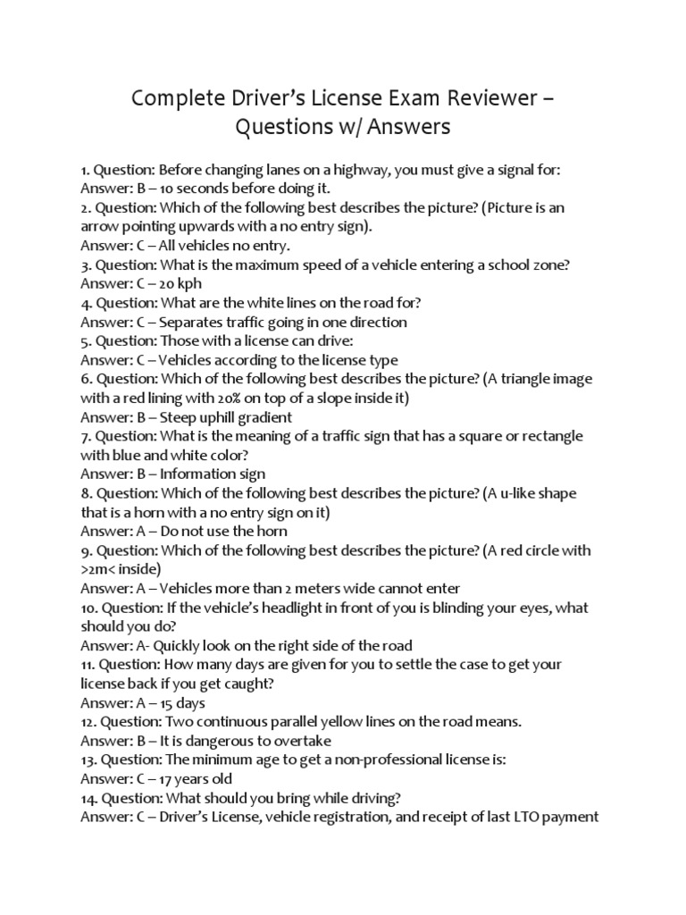 Driver's License Exam Questions & Answers | PDF | Traffic | Traffic Light
