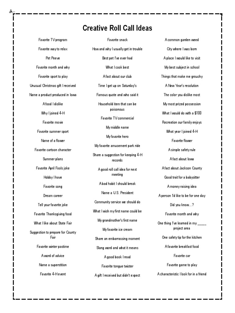 Roll Call Ideas | PDF