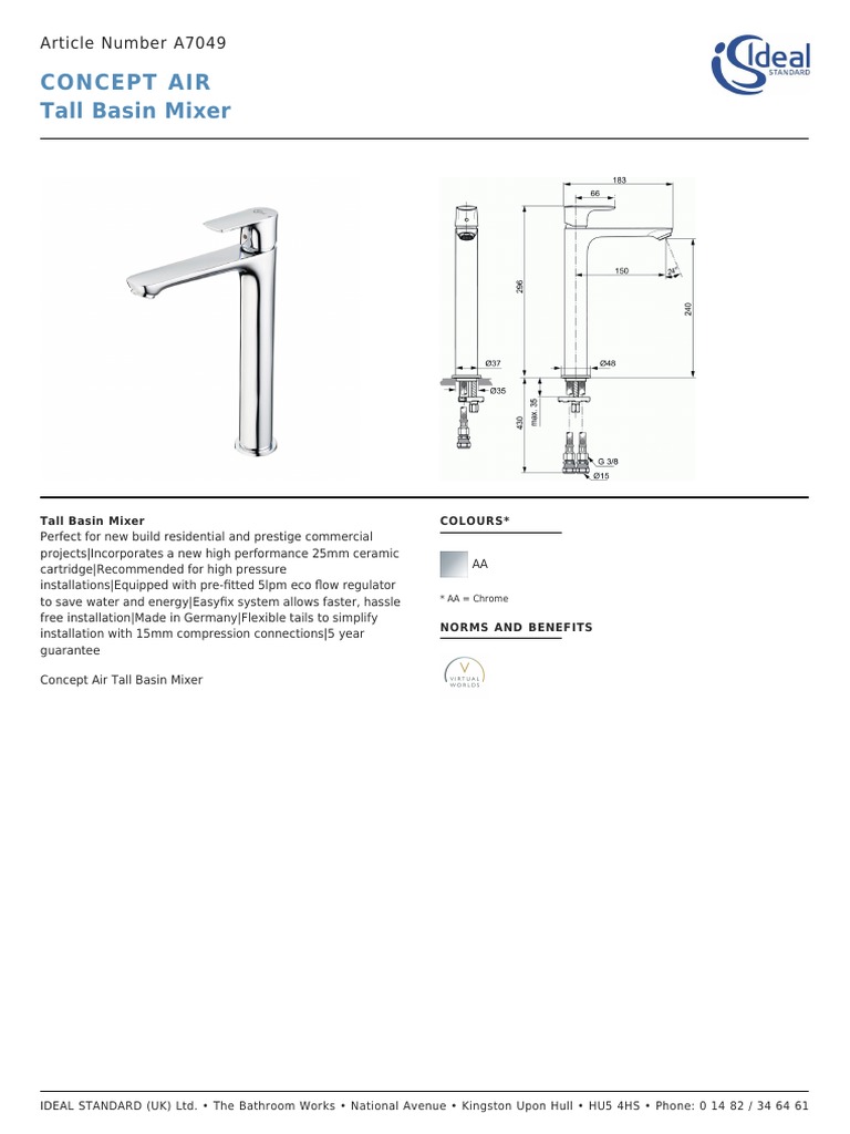 IdealStandard Tall Basin Mixer A7049 | PDF
