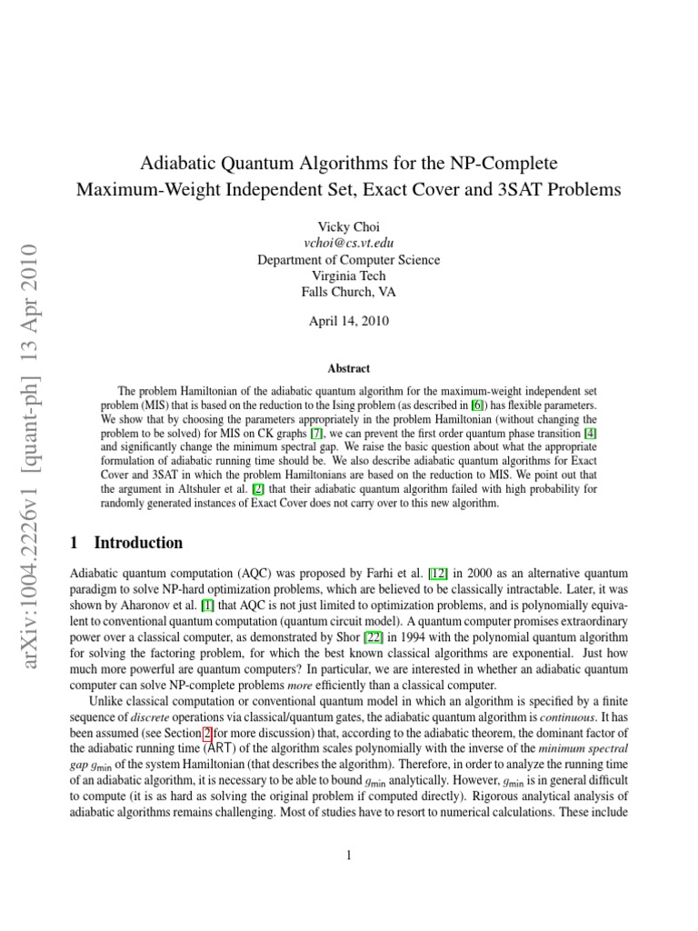 Adiabatic Quantum Algorithms For The NP-Complete Maximum-Weight Independent Set, Exact Cover and ...