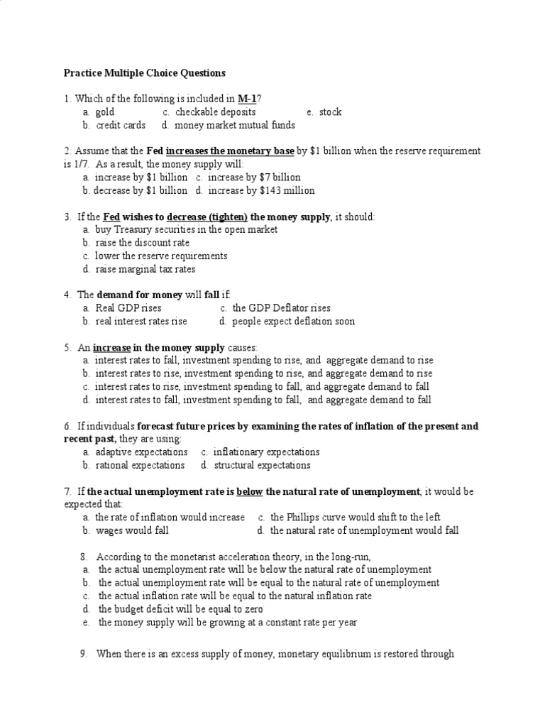 Practice Multiple Choice Questions | PDF | Money Supply | Inflation