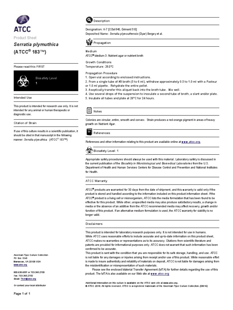 S Plymuthica ATCC 183 | PDF | Atcc (Company) | Growth Medium