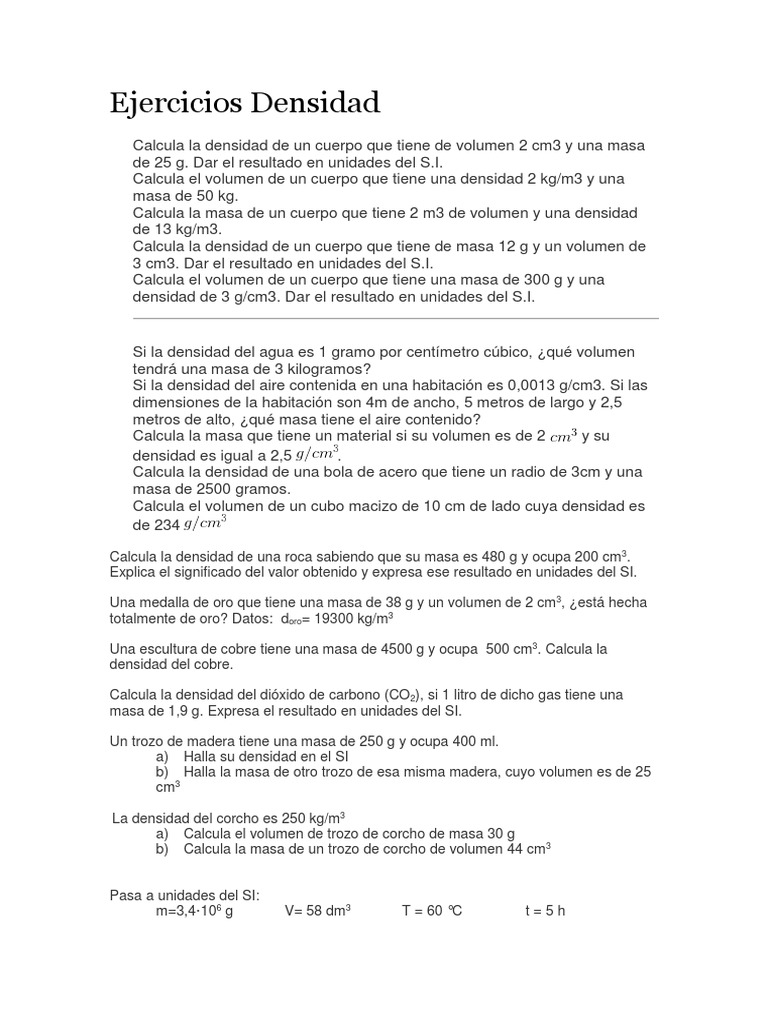 Ejercicios Densidad | Densidad | Volumen | Prueba gratuita de 30 días ...