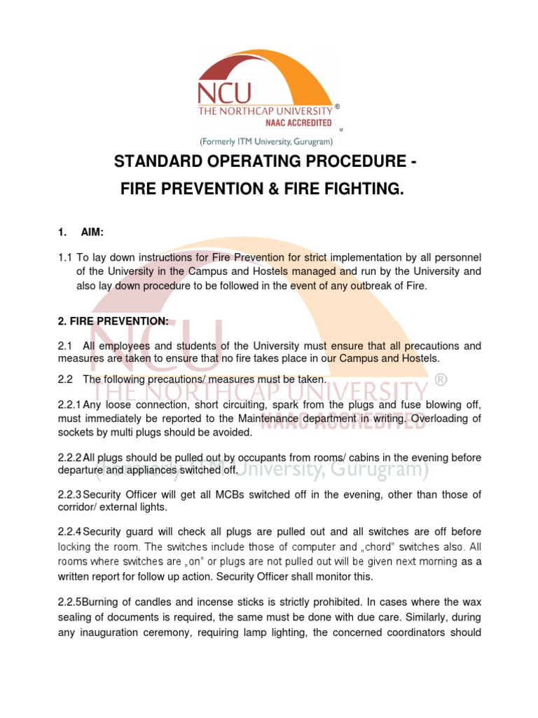SOP For Fire Prevention | PDF | Firefighting | Security Guard