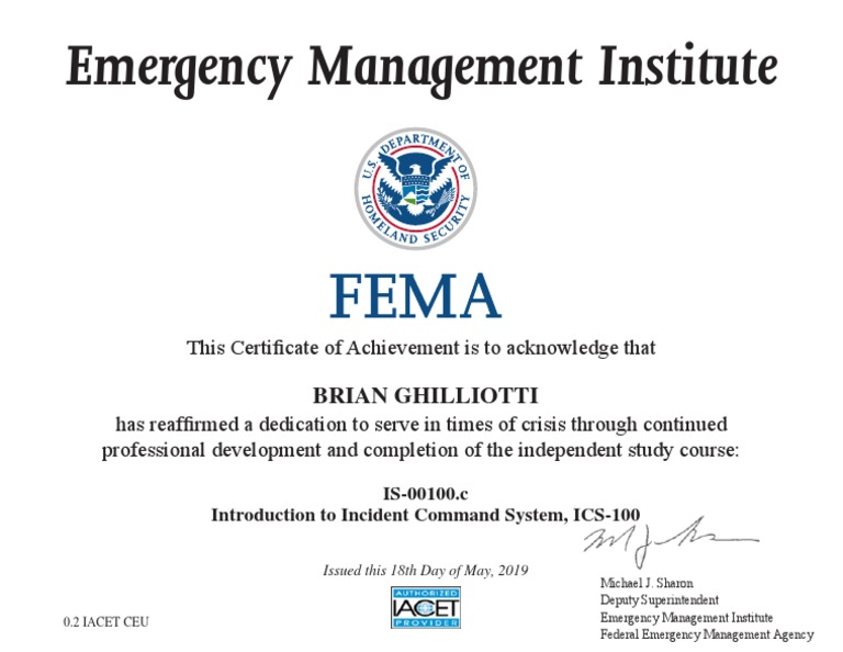 Brian Ghilliotti: FEMA IS-100 Certification | PDF