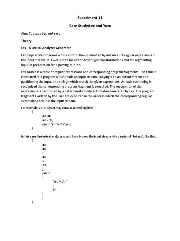 Experiment 11 Case Study:Lex and Yacc | PDF | Parsing | Subroutine