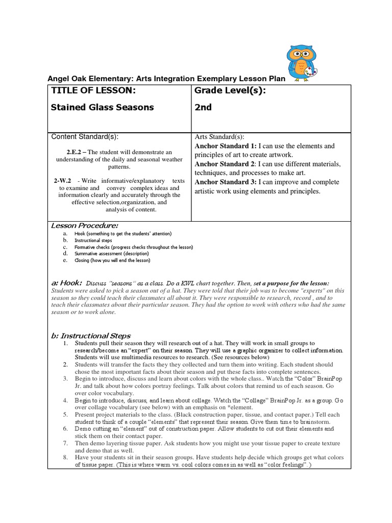 Title of Lesson: Stained Glass Seasons Grade Level(s) : 2nd: Angel Oak ...