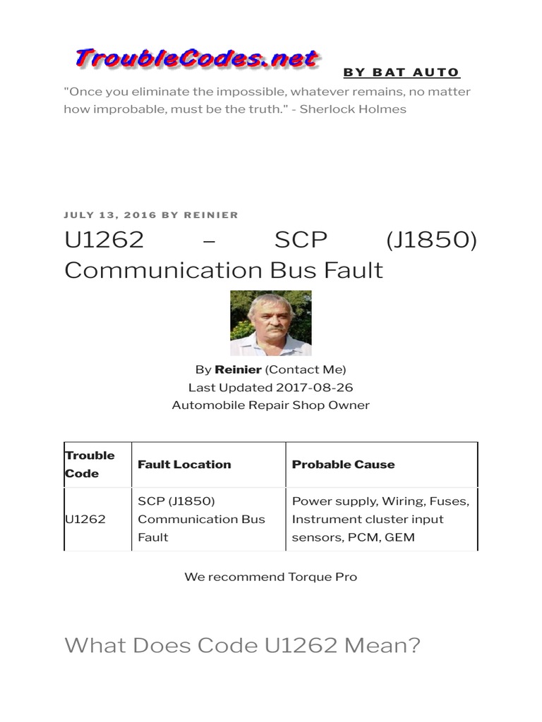 U1262 - SCP (J1850) Communication Bus Fault: What Does Code U1262 Mean ...