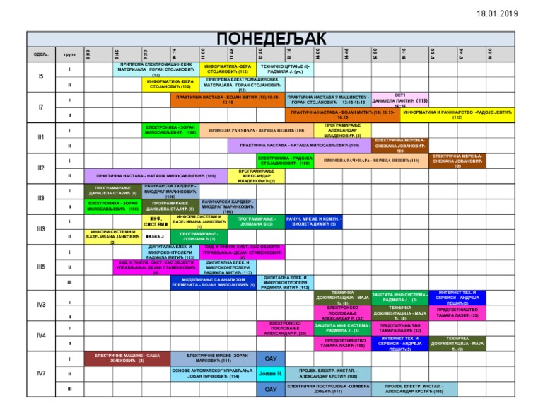 Ponedeljak, Raspored Casova - ETS Nikola Tesla Nis | PDF