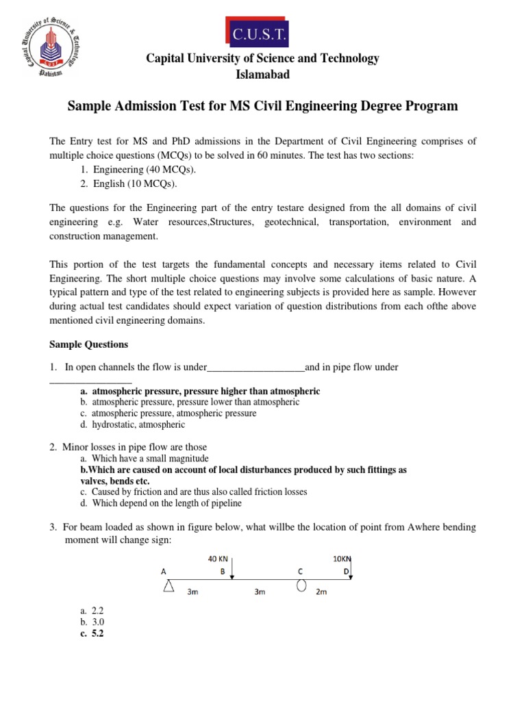 Sample Admission Test For MS Civil Engineering Degree Program | PDF ...