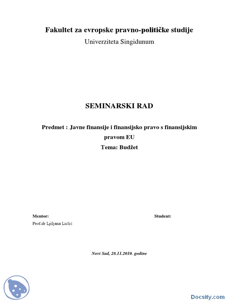 Javne Finansije I Finansijsko Pravo S Finansijskim Pravom Eu Seminarski Rad Budzet | PDF
