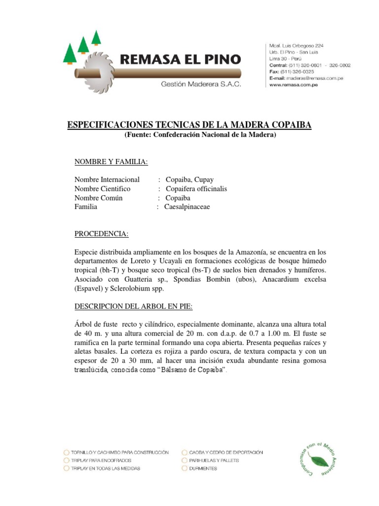 Especificaciones técnicas y propiedades de la madera Copaiba | PDF ...