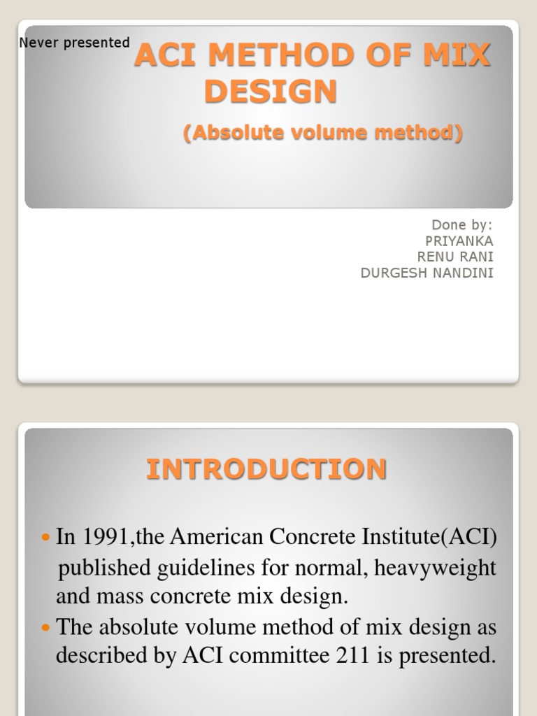 Aci Method of Mix Design | PDF | Concrete | Building Engineering