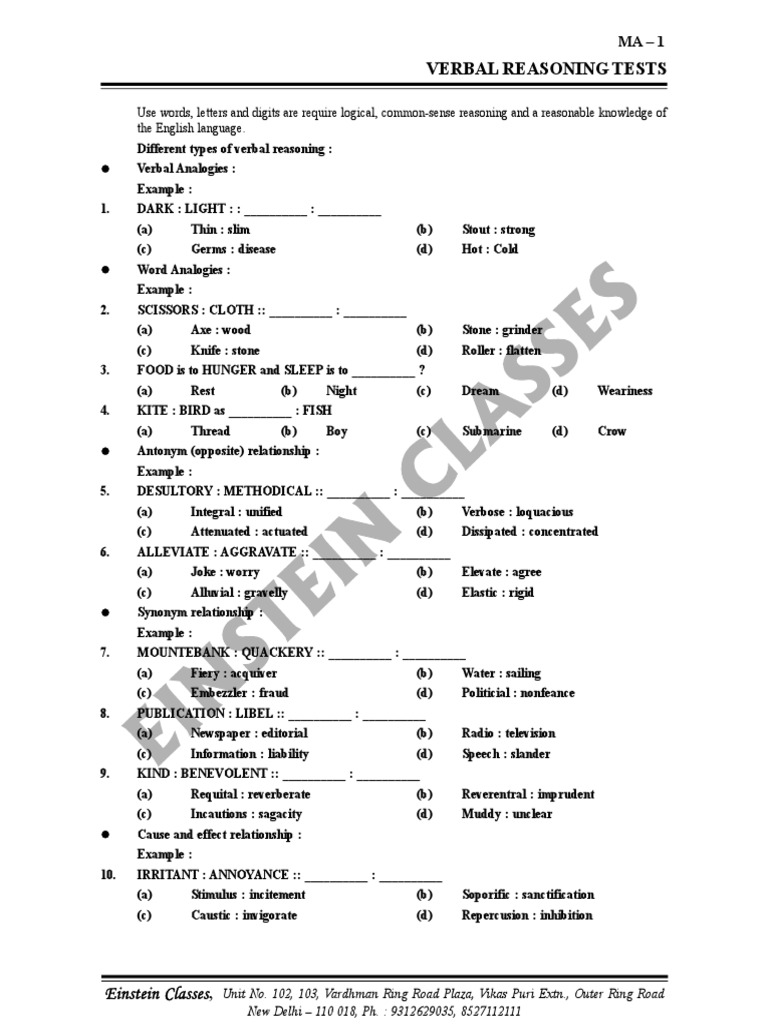 Verbal Reasoning Tests: Einstein Classes | Download Free PDF | Carbon ...