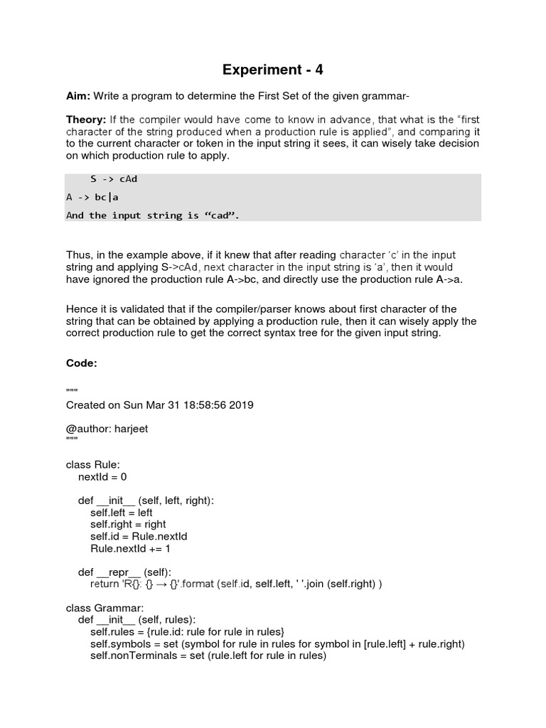 Experiment - 4: Aim: Write A Program To Determine The First Set of The ...