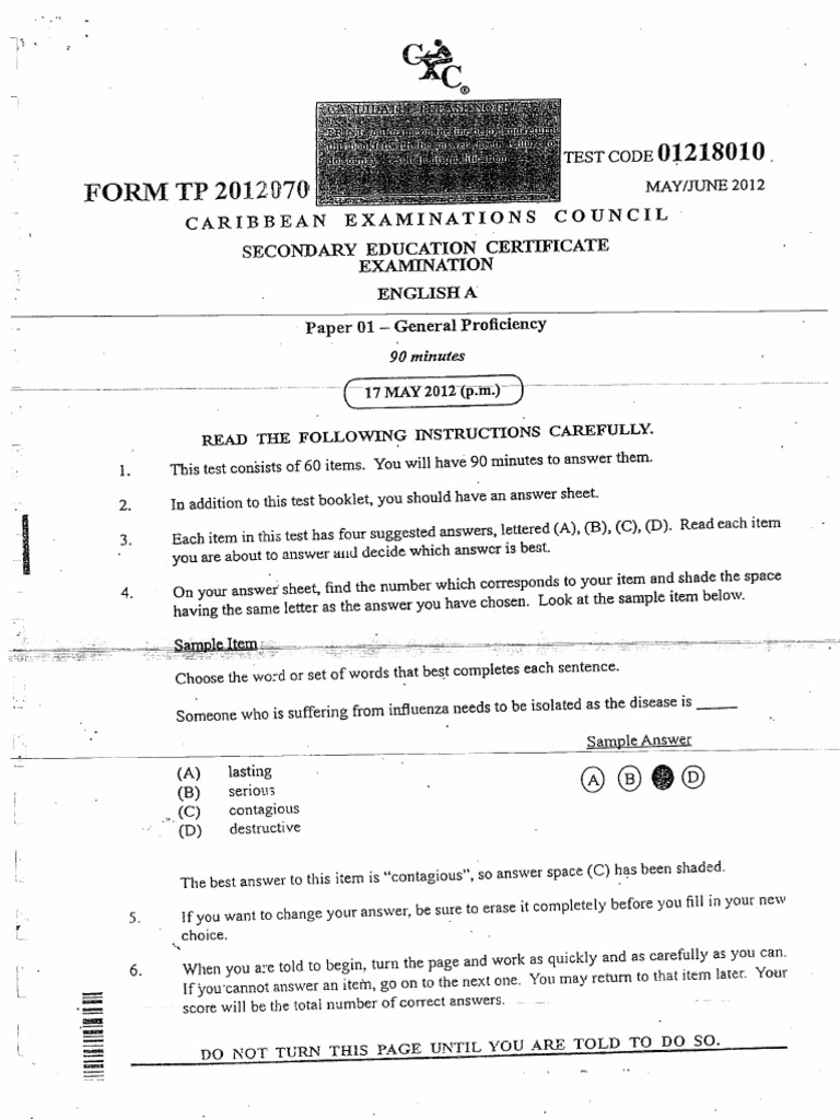 CSEC English A January 2010 P1 | PDF