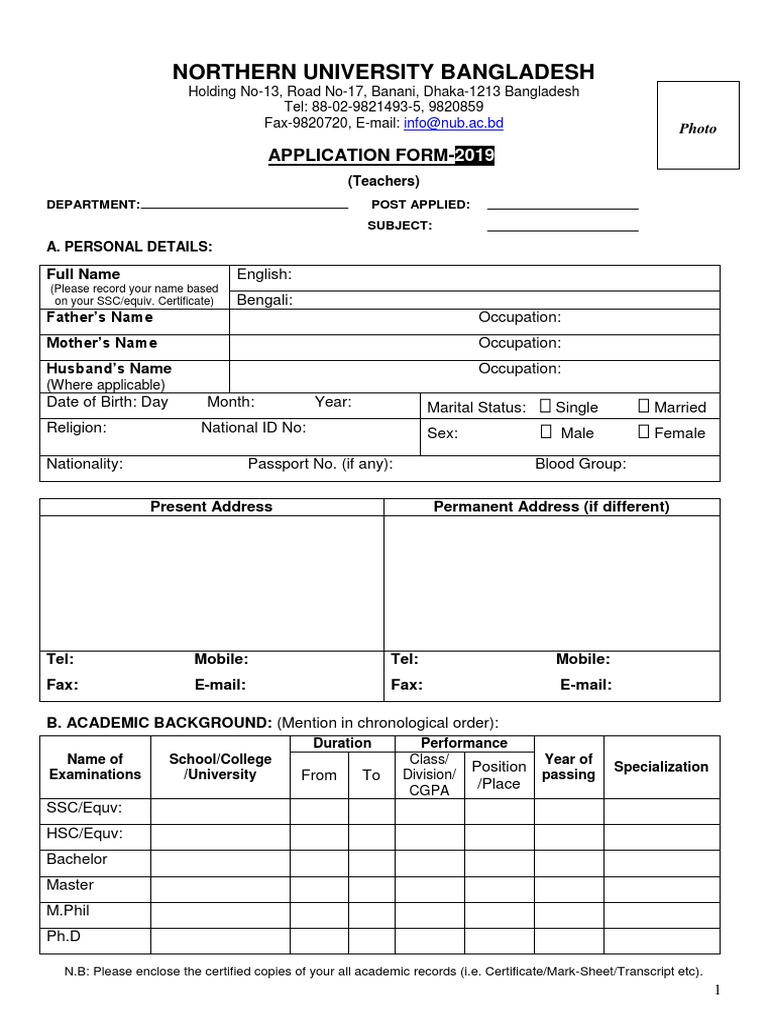 Northern University Teacher Application Form | PDF | Diploma | Academic ...