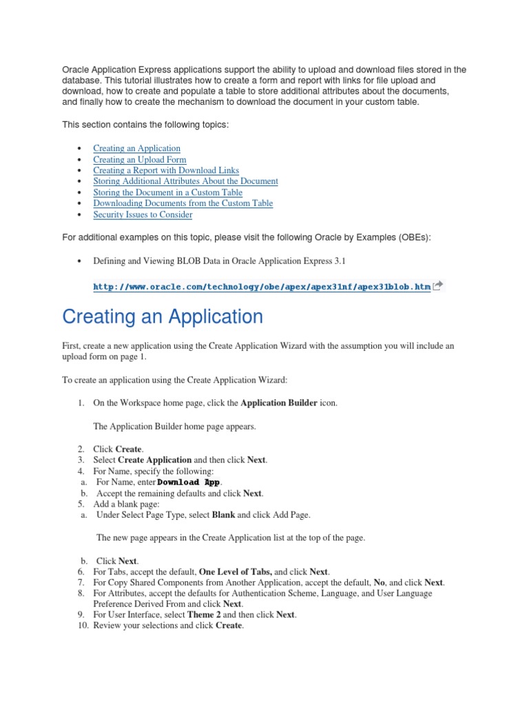 Creating An Application: Download App | PDF | Pl/Sql | Oracle Database Creating An Application: Download App | PDF | Pl/Sql | Oracle Database
