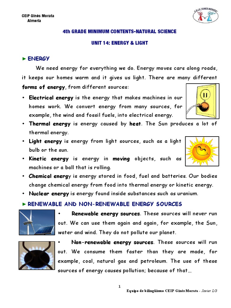 Energy: 4Th Grade Minimum Contents-Natural Science Unit 14: Energy ...