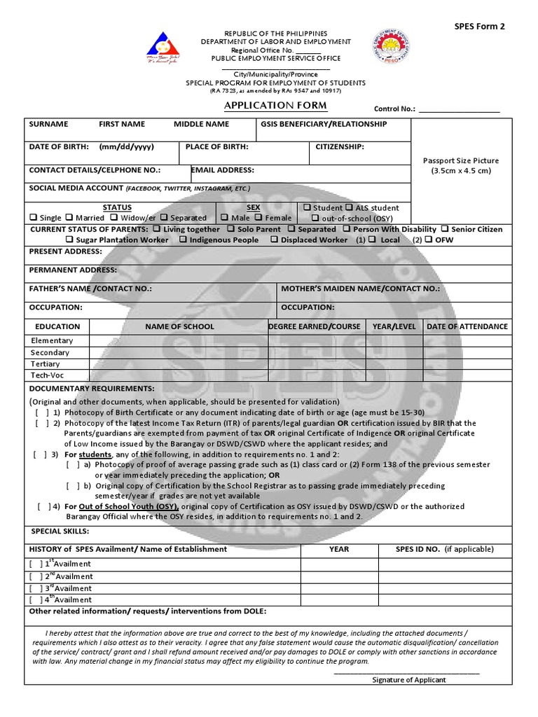 Form of Spes | PDF | Government And Personhood | Employment