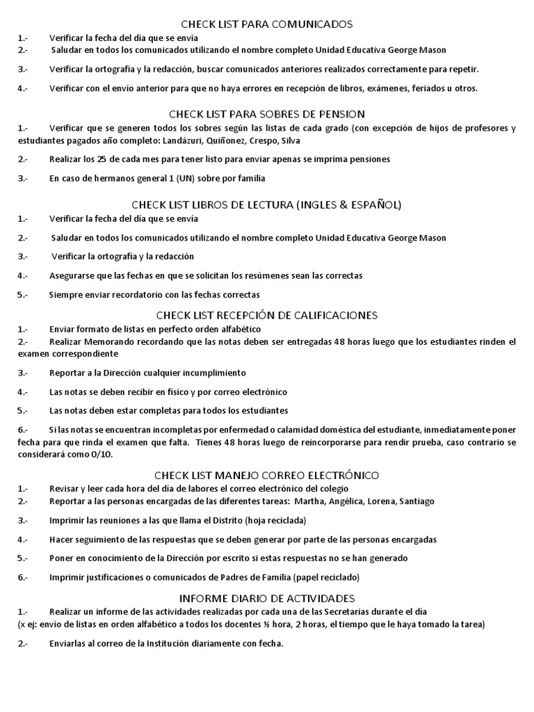Check List Para Secretaria | Crecimiento personal | Prueba gratuita de ...