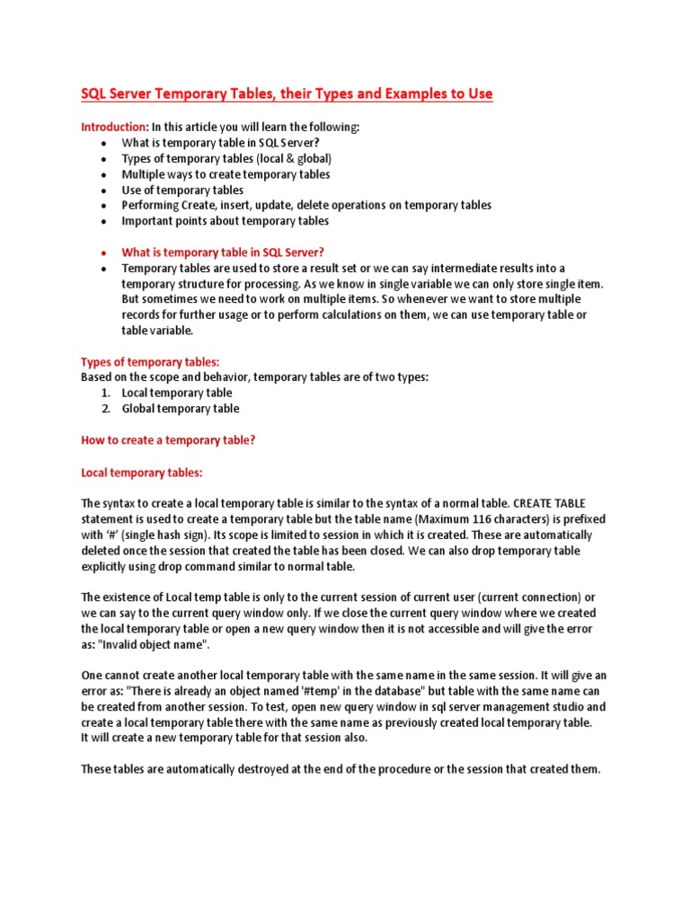 SQL Server Temporary Tables | Download Free PDF | Sql | Data