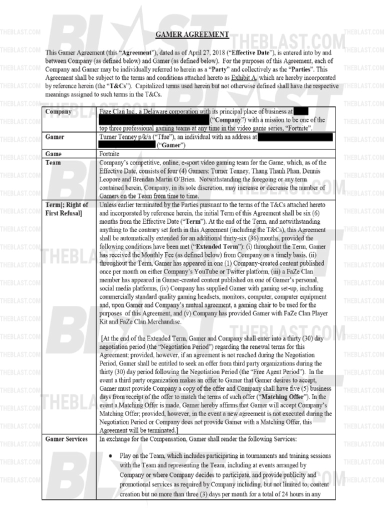 Faze Clan Inc. and Turner Tenney ("Tfue") Gamer Agreement Contract ...