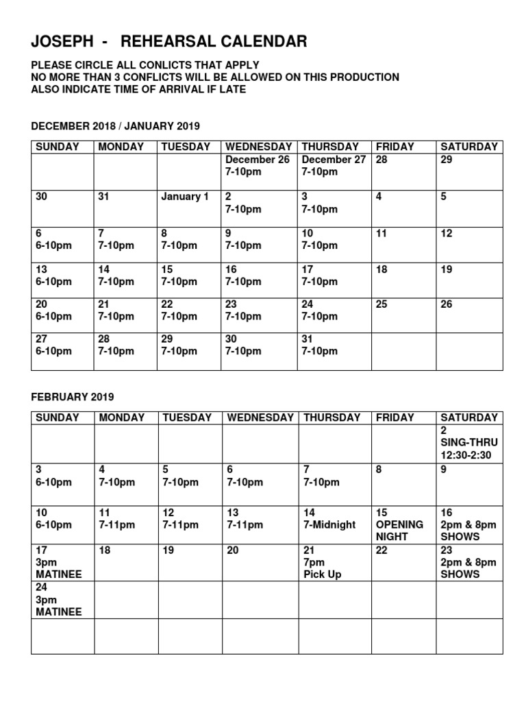 Joseph Rehearsal Calendar | PDF