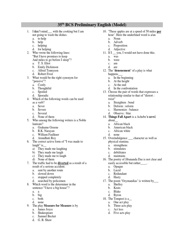 35th BCS Preliminary English (Question) | PDF | Adverb | Adjective