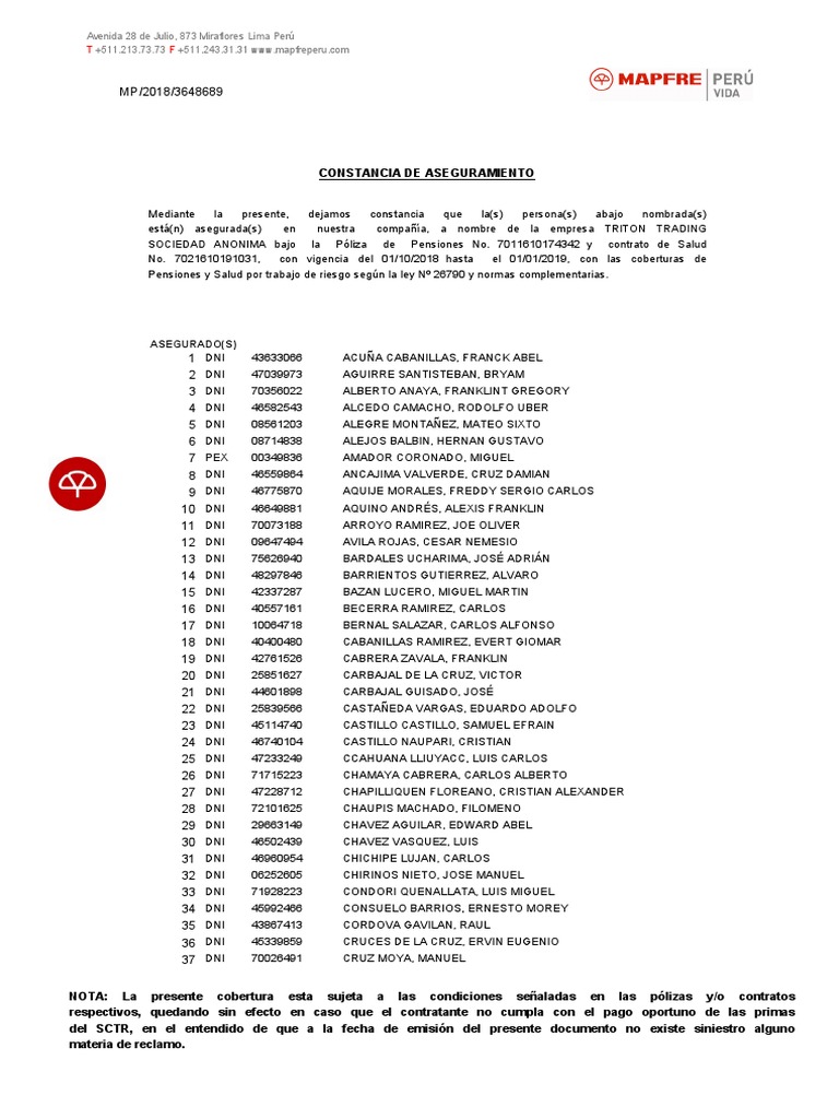 Constancia de Renovación SCTR | PDF