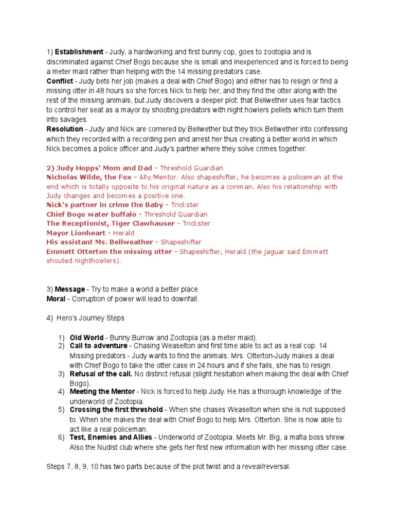 Zootopia Plot Summary & Hero's Journey | PDF