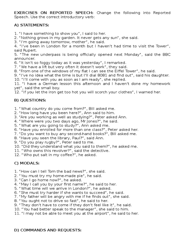 Exercises On Reported Speech | PDF