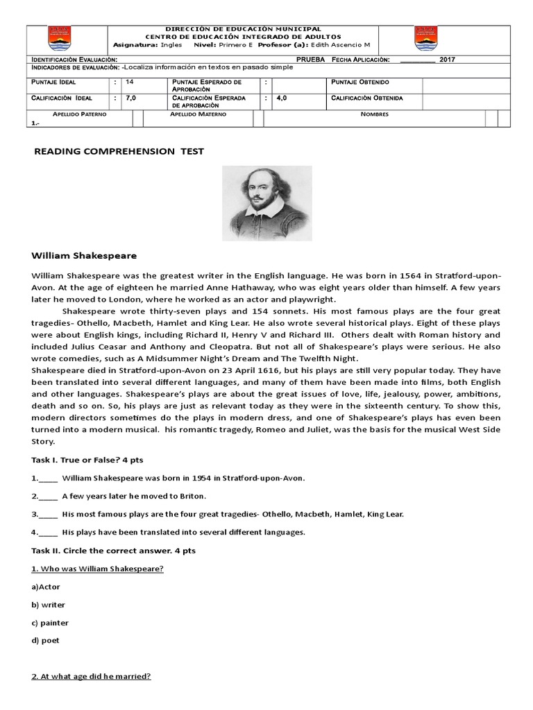 Shakespeare Reading Comprehension Test | PDF | Play (Theatre) | William ...