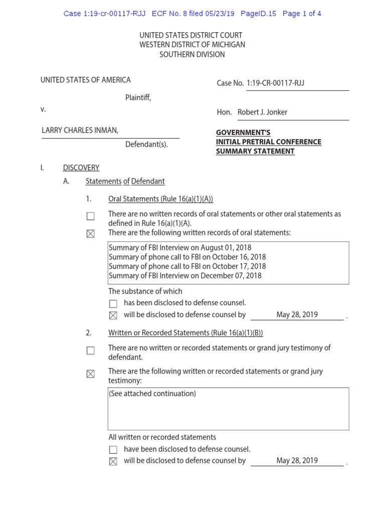 Government'S Initial Pretrial Conference Summary Statement | PDF | Plea ...