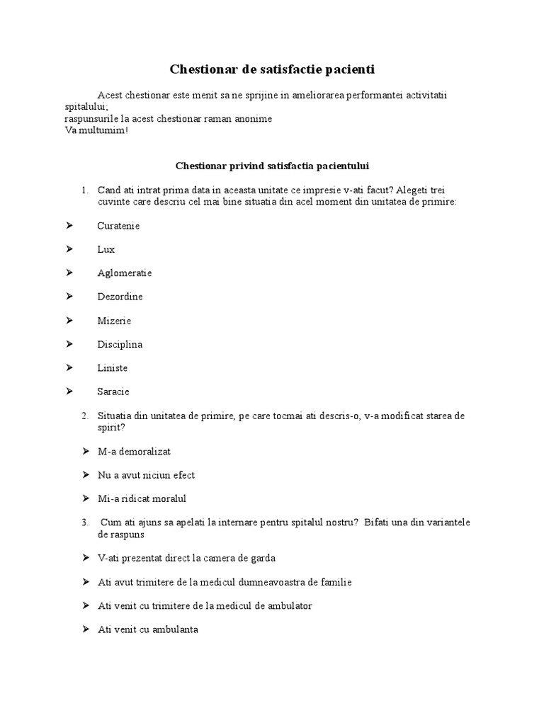 Chestionar de Satisfactie Pacienti | PDF