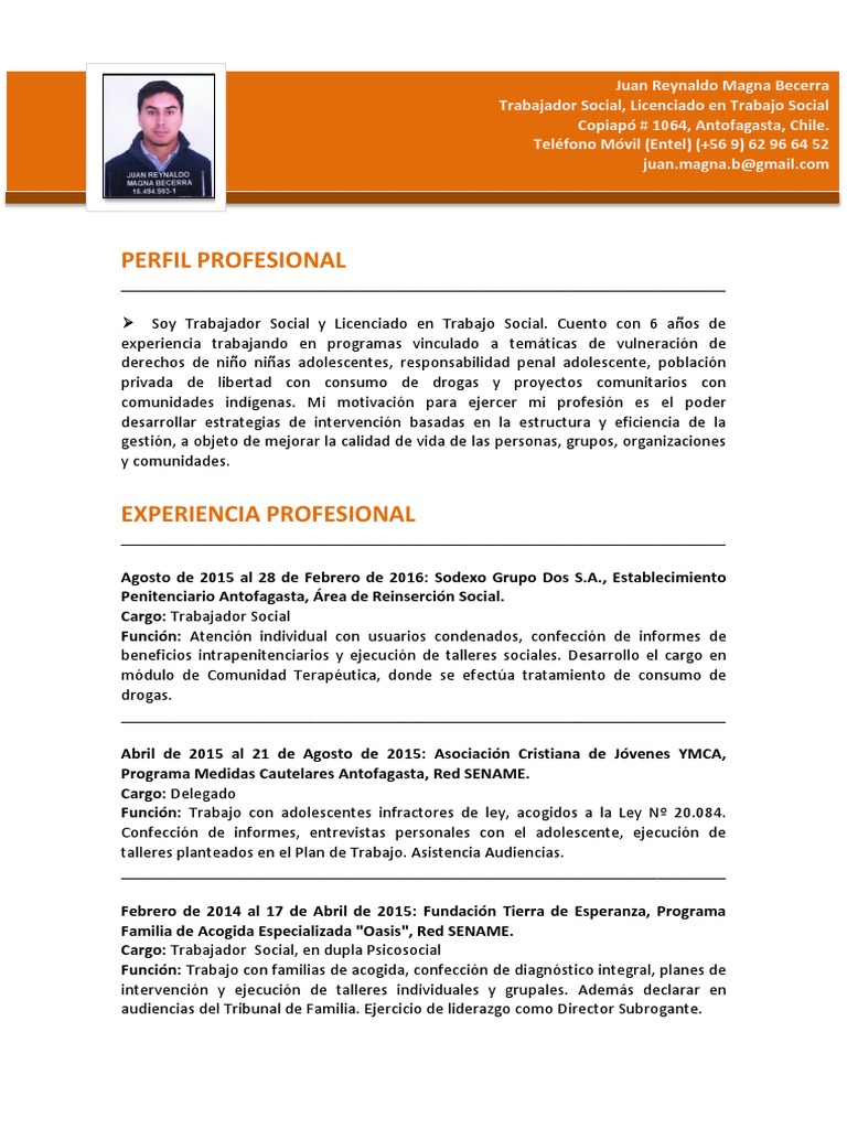 CV Asistente Social Juan Magna 2016 | PDF | Trabajo Social | Santiago