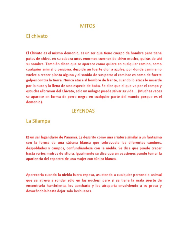 Mitos y leyendas de Panamá: El Chivato y La Silampa | PDF